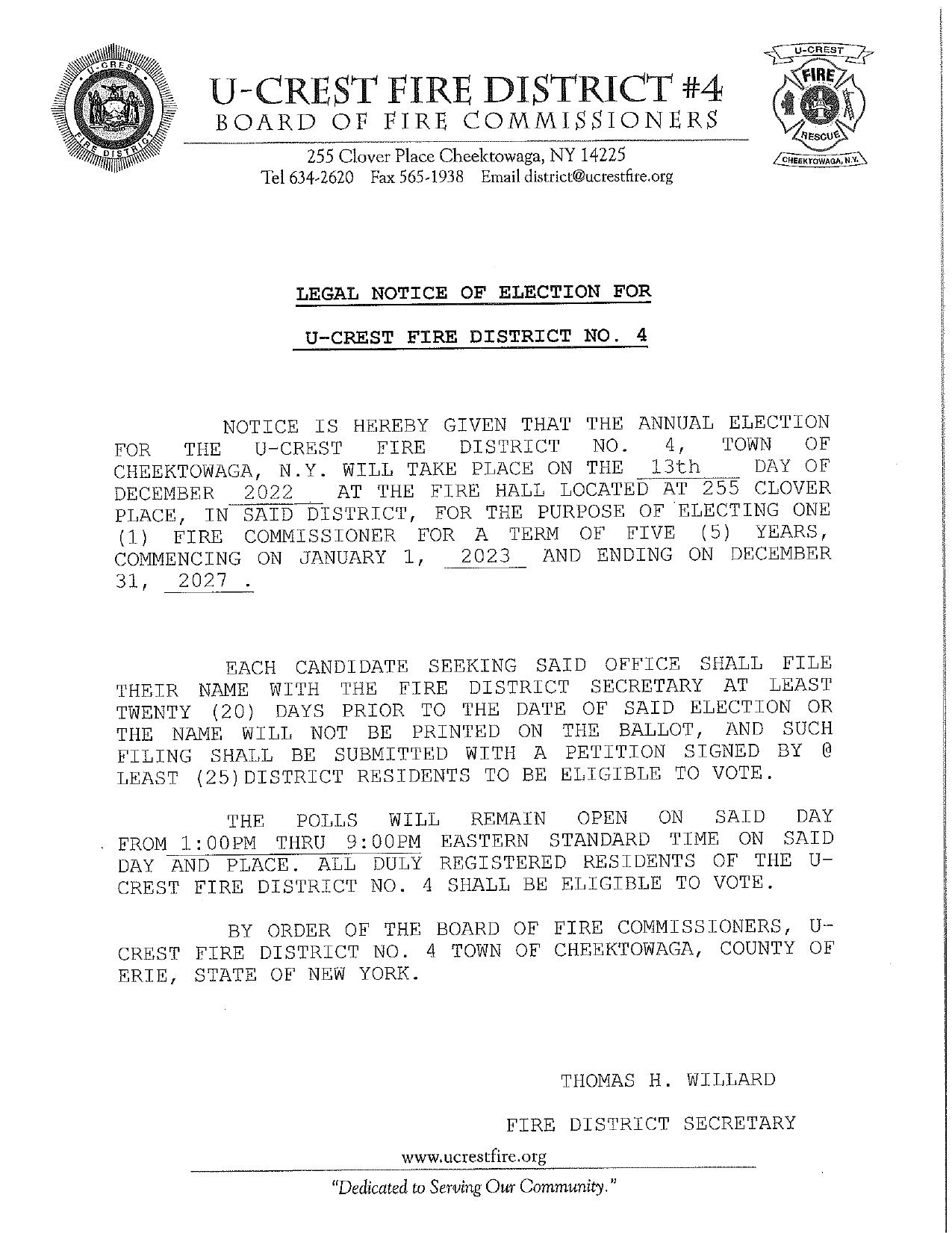 Election Notice 2022 - U-Crest Fire Department #4